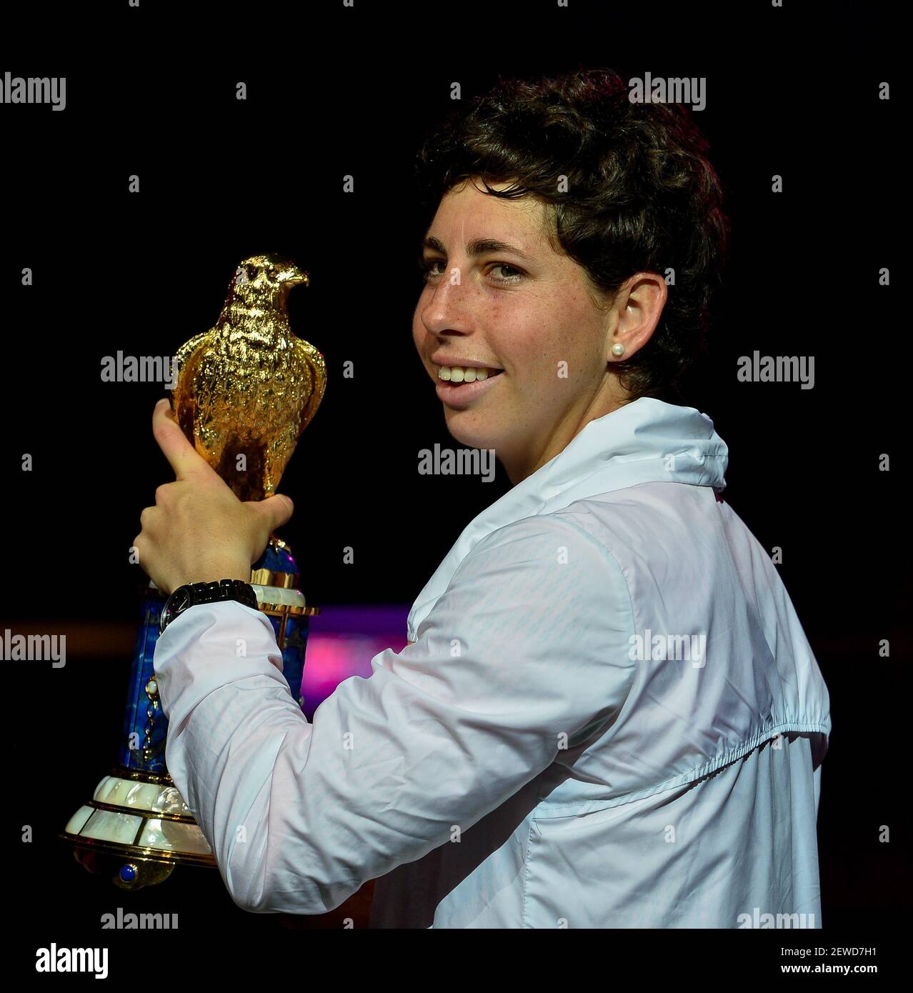 Carla Suarez Navarro of Spain poses with winners trophy during the ...