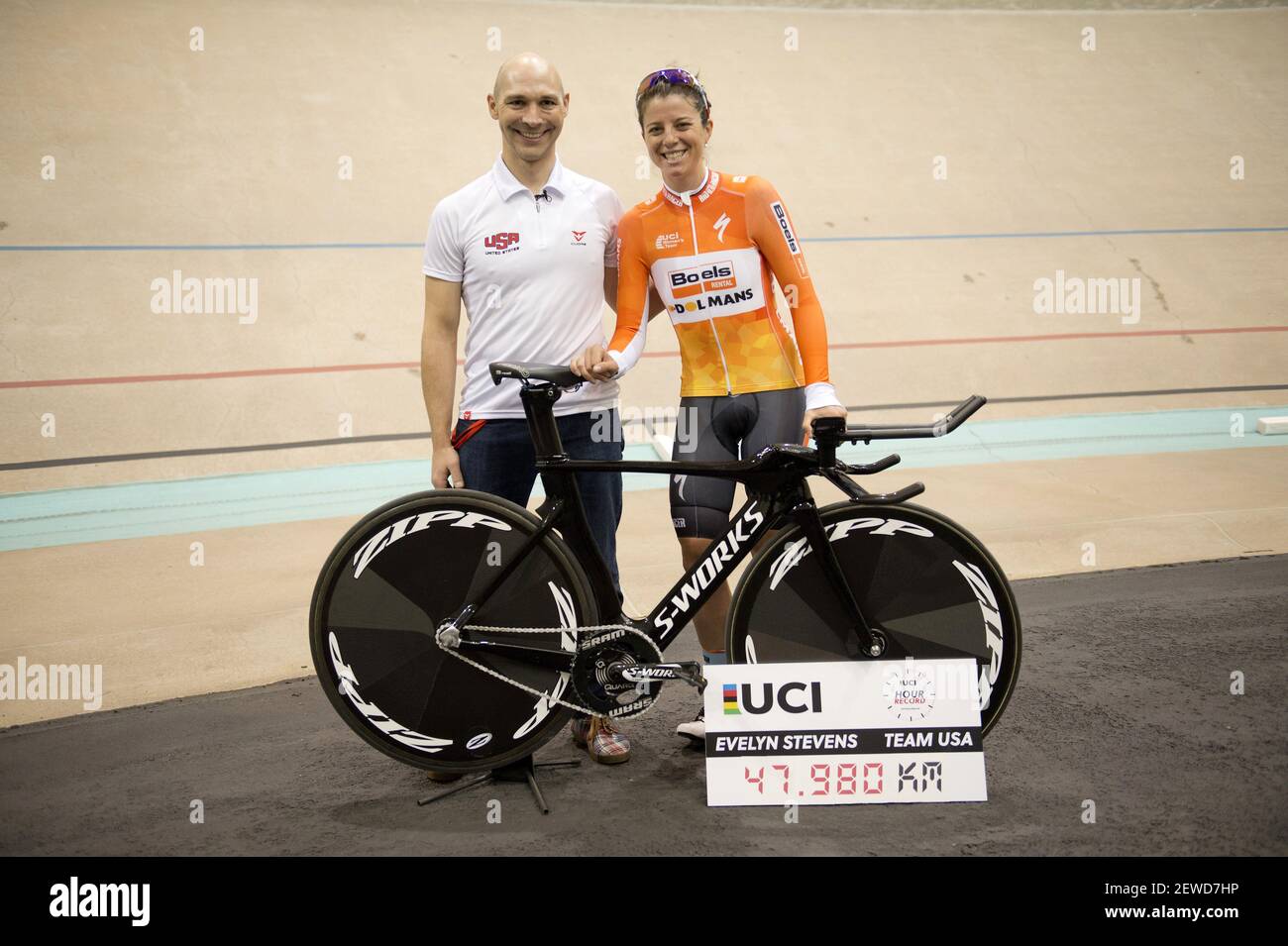 Evelyn Stevens sets a new UCI hour world record of 47.980 km. Shown ...
