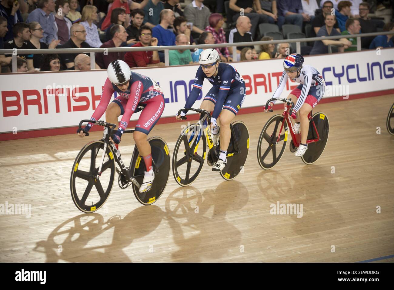 Sarah Hammer of the United States leads Laurie Berthon of France and ...