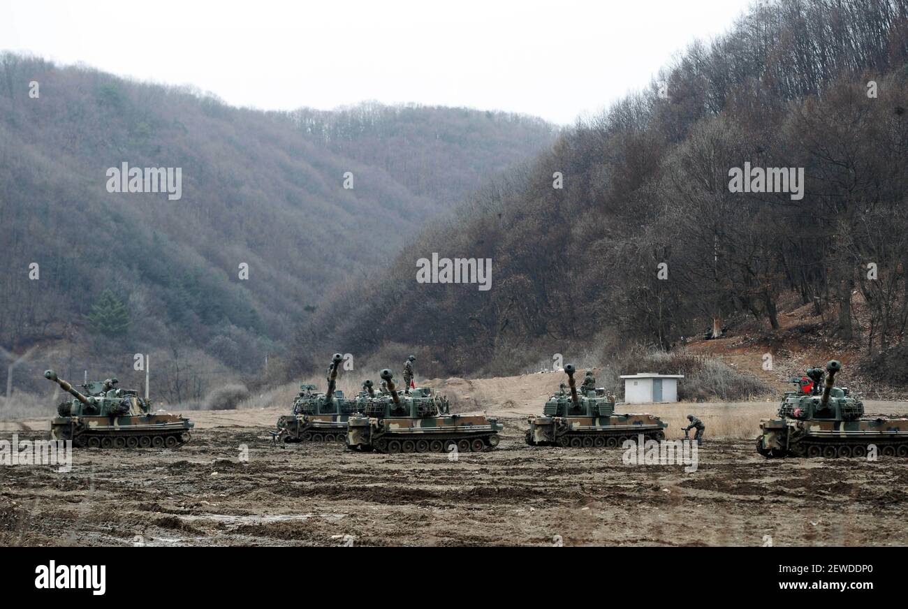 Photo taken on March 7 shows K9 self-propelled howitzers during joint ...