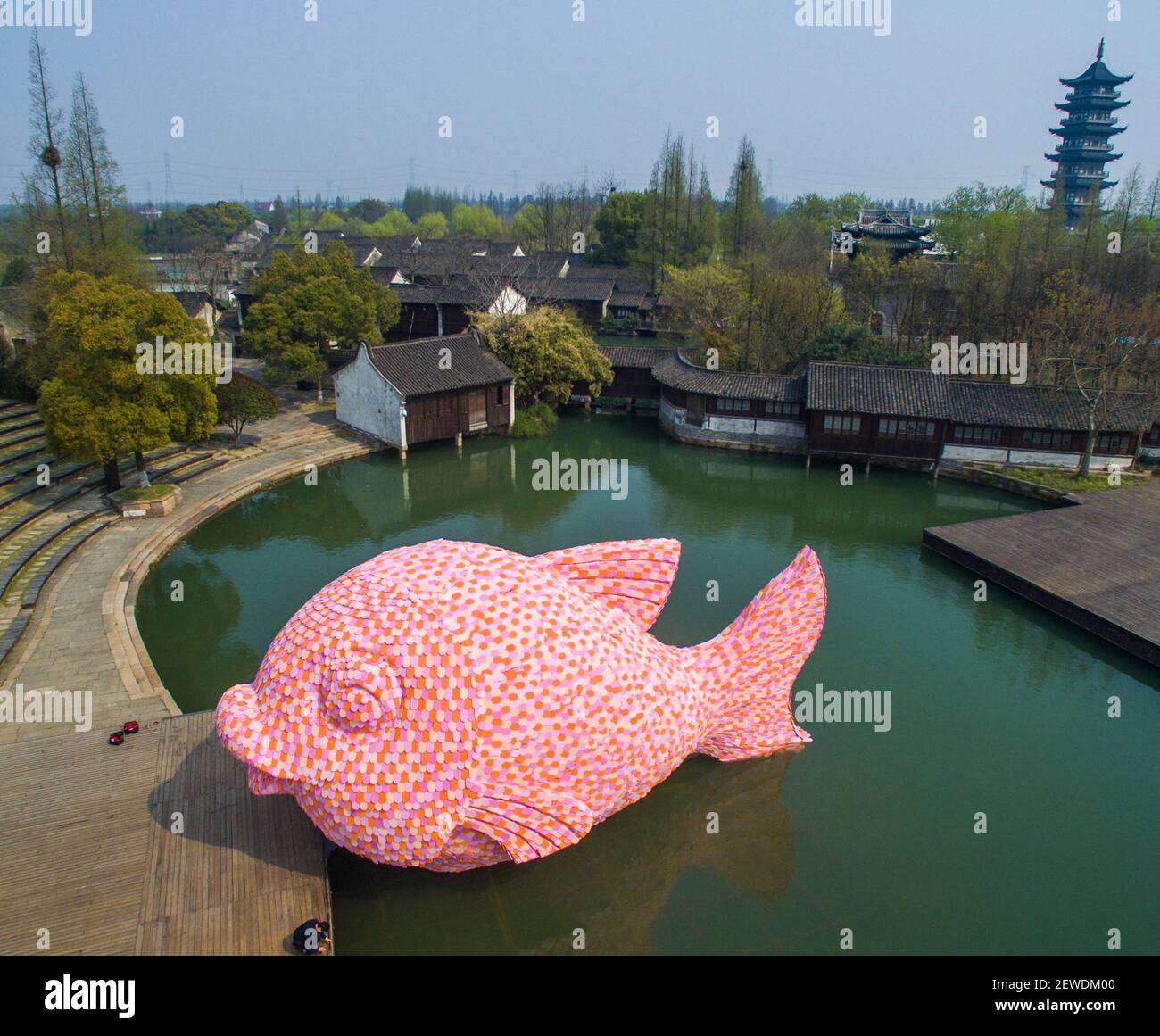 Photo taken on March 27, 2016 shows a giant pink "Floating Fish" on the ...