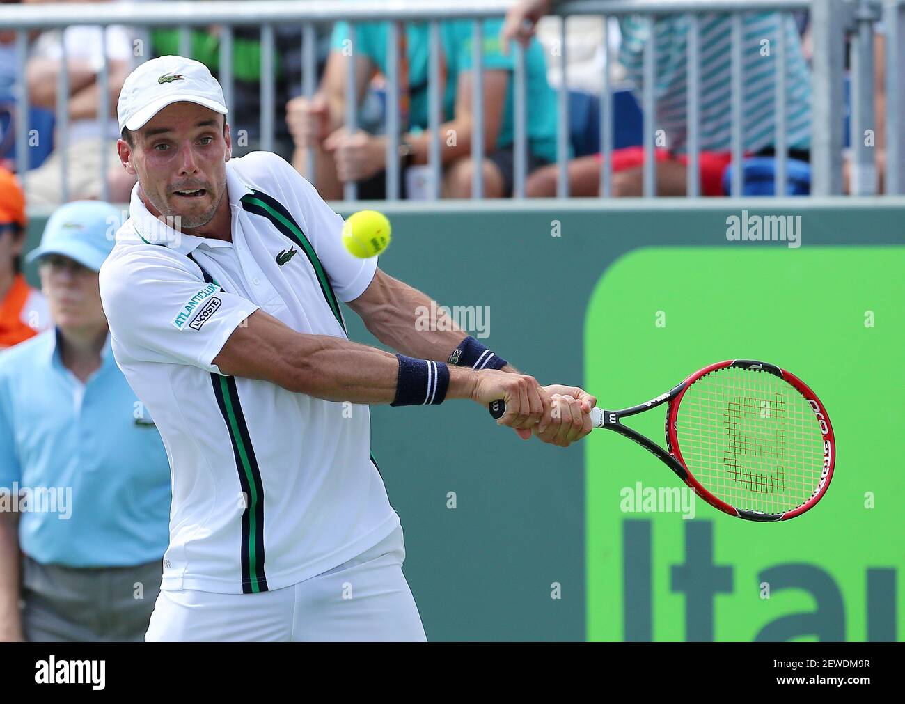KEY BISCAYNE, FLORIDA - MARCH 28: Roberto Bautista Agut of Spain plays a match against Jo ...