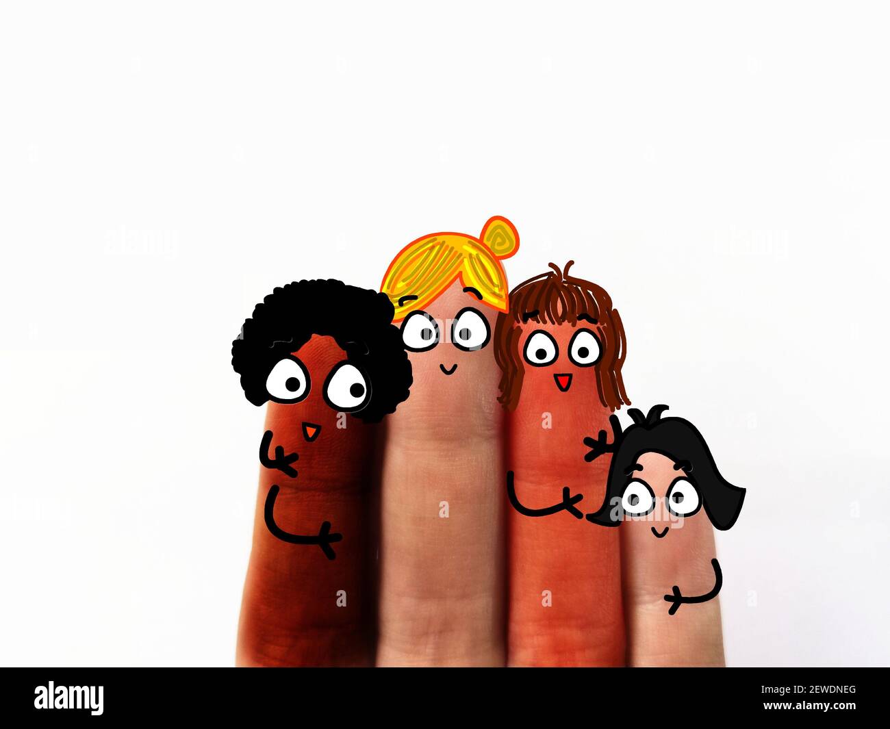 Four fingers are decorated as four woman. They are happy Stock Photo ...