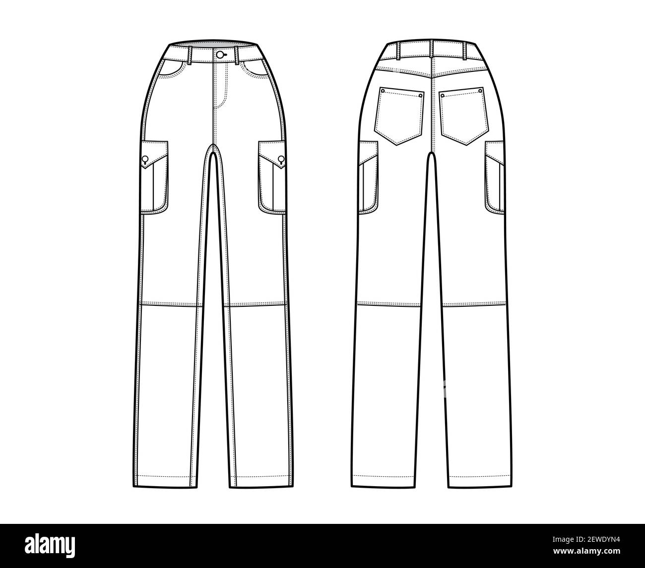 Set of Jeans cargo Denim pants technical fashion illustration with ...