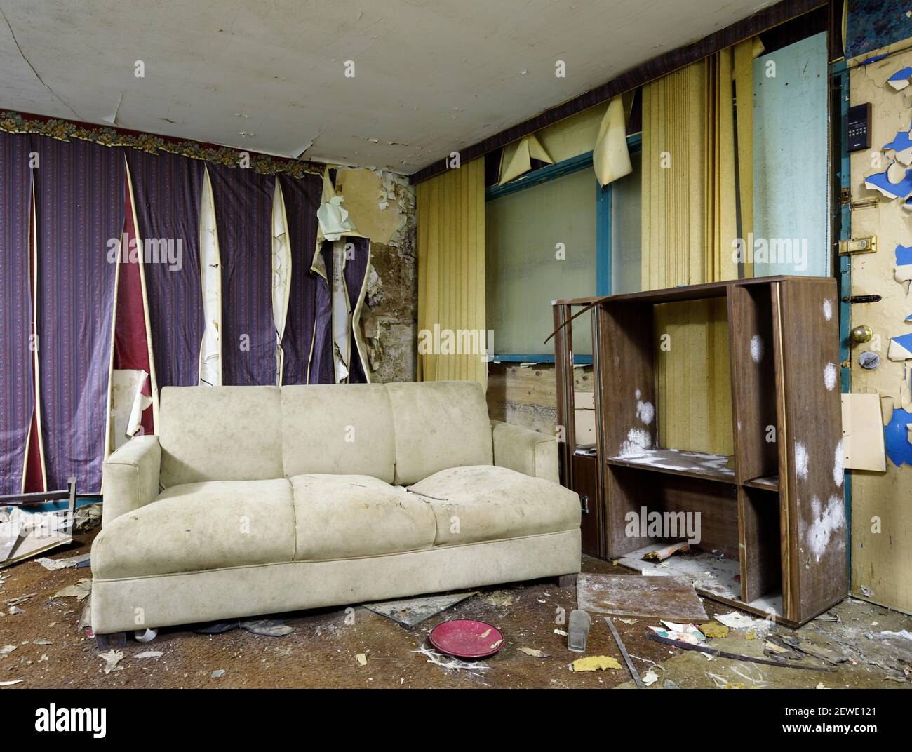 A messy living room with mold inside an abandoned home. Ontario, Canada ...
