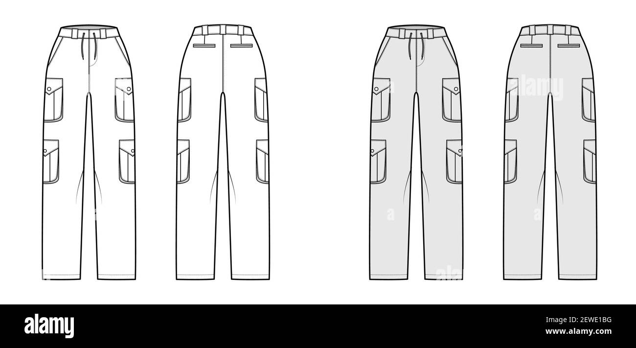 Set of cargo pants technical fashion illustration with normal waist ...