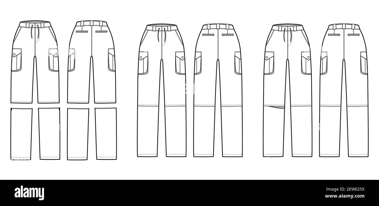 Set of Zip-off convertible pants technical fashion illustration with ...