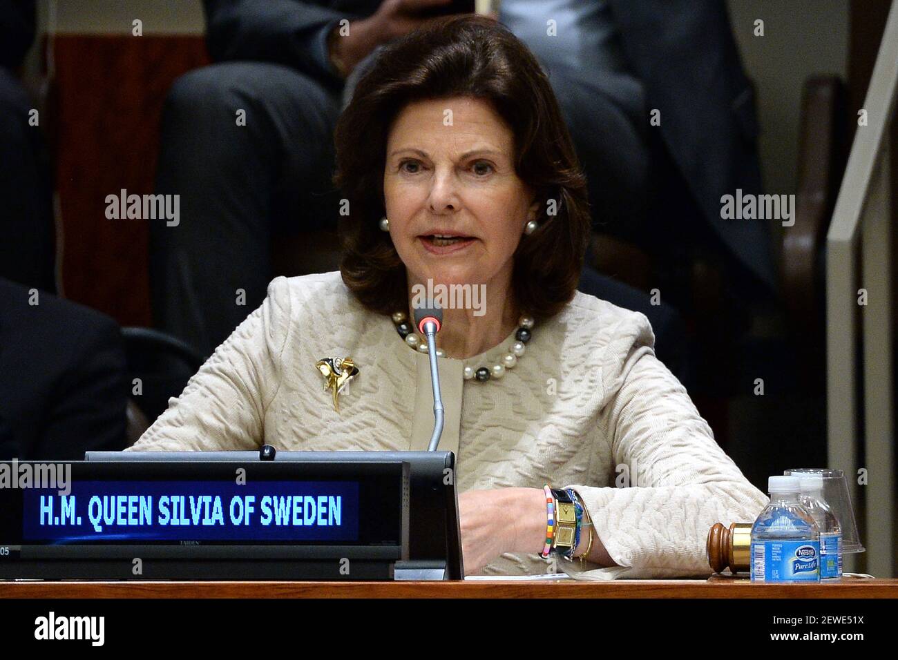 H.M. Queen Silvia of Sweden speaks at a conference on drug prevention ...