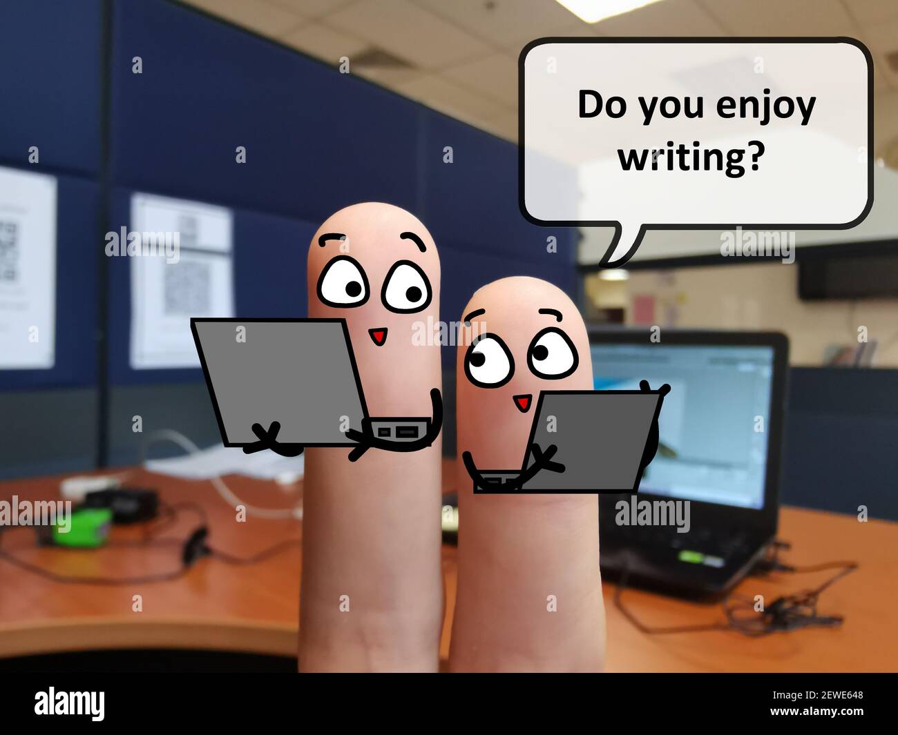 Two fingers are decorated as two person. One of them is asking another ...