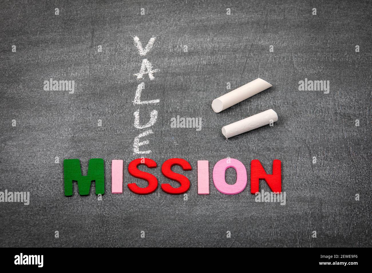 Values and Mission concept. Colored letters of the alphabet on a dark ...