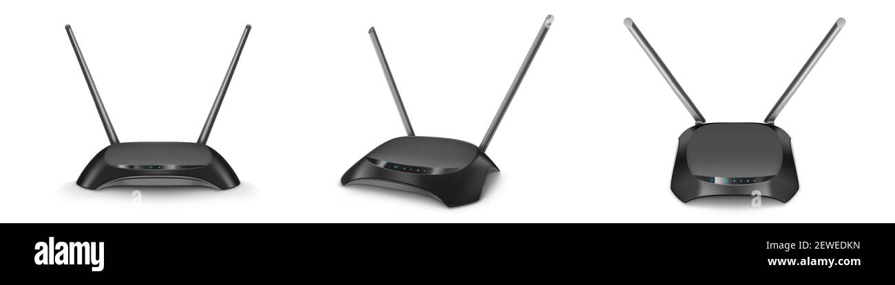 Wifi router front, top, angle and side view mockup, black home device ...