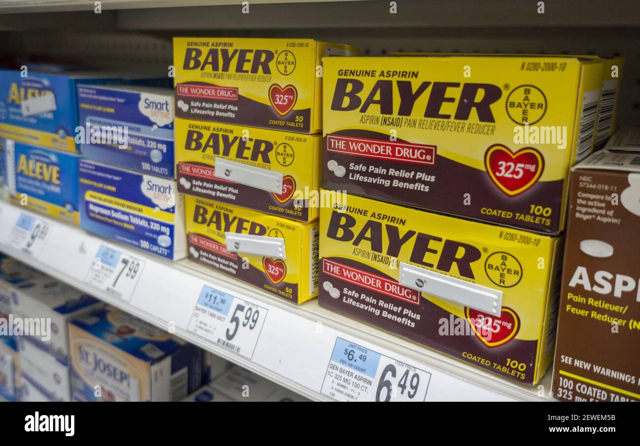 Containers of Bayer aspirin on a drugstore shelf in New York on Monday ...