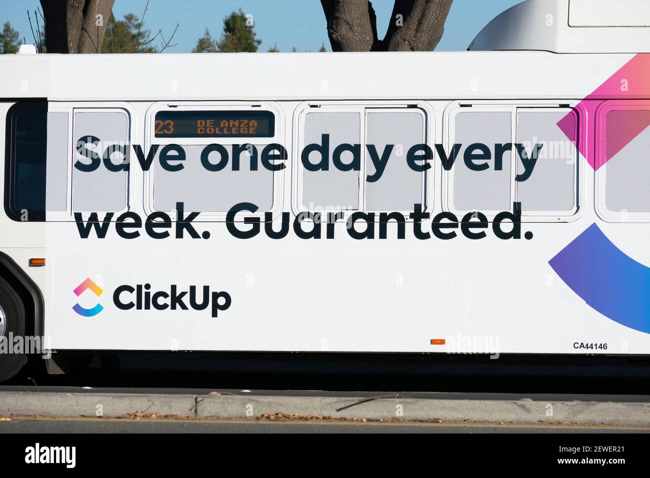 ClickUp advertisement on the bus exterior is building brand awareness ...