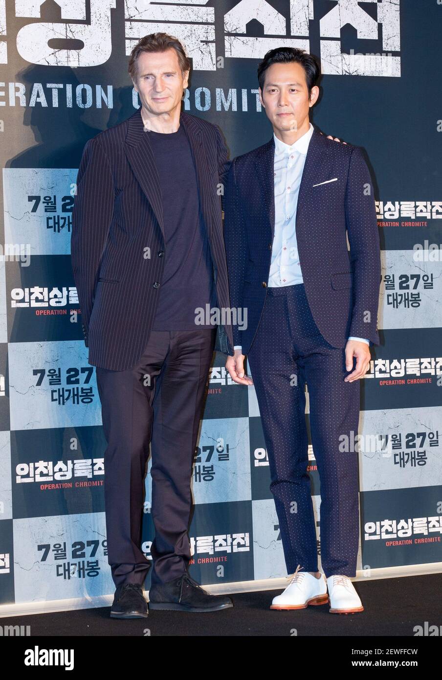 Actor Liam Neeson and actor Lee Jung-jae, attend a press conference for ...