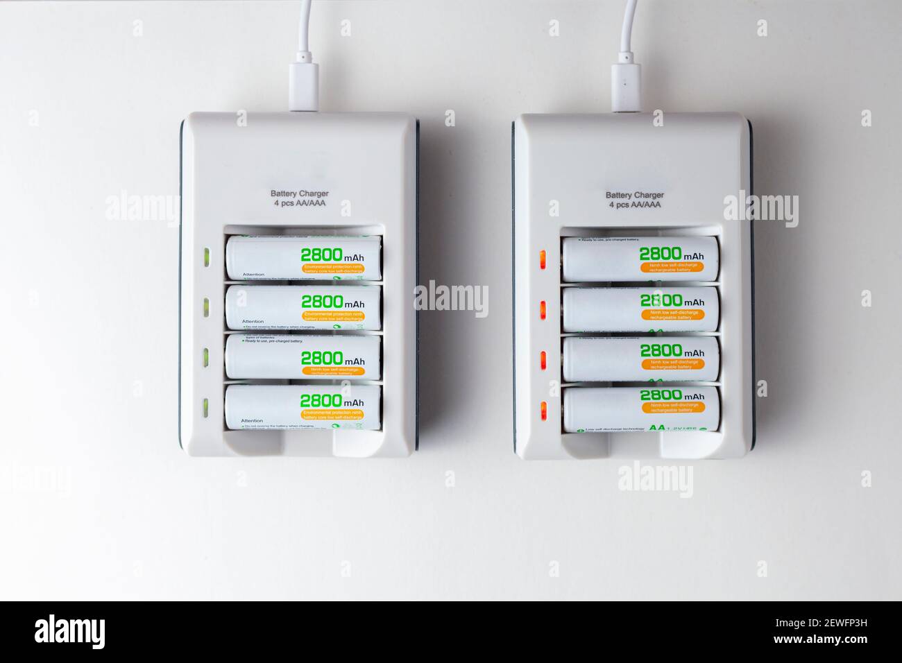 flat lay image of two rechargeable battery chargers powered through USB ...