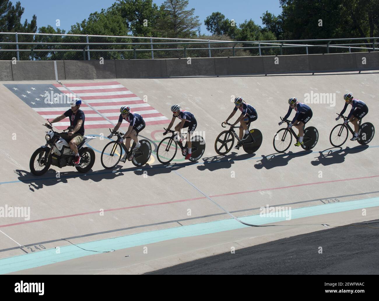 The USA Cycling women's team pursuit training at the 7-Eleven Velodrome ...