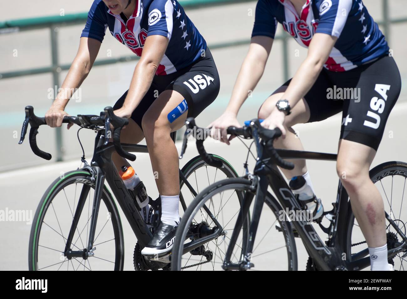The USA Cycling women's team pursuit training at the 7-Eleven Velodrome ...