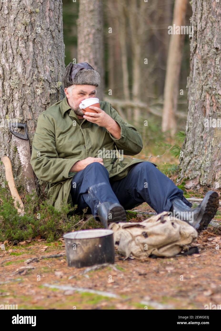 a forester in the forest drinks tea at rest, blurred forest background ...