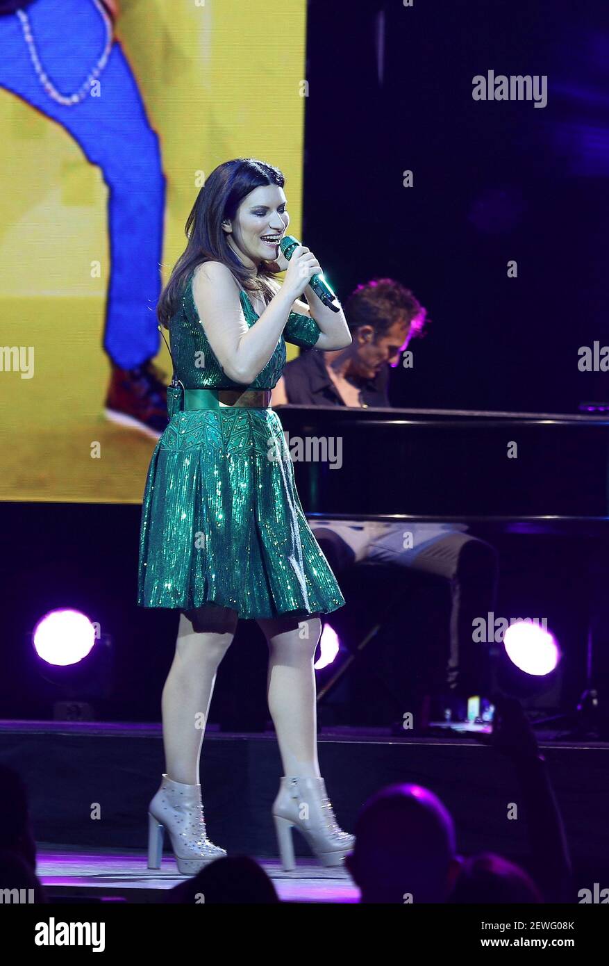 Singer Laura Pausini performs at the American Airlines Arena on July 30 ...