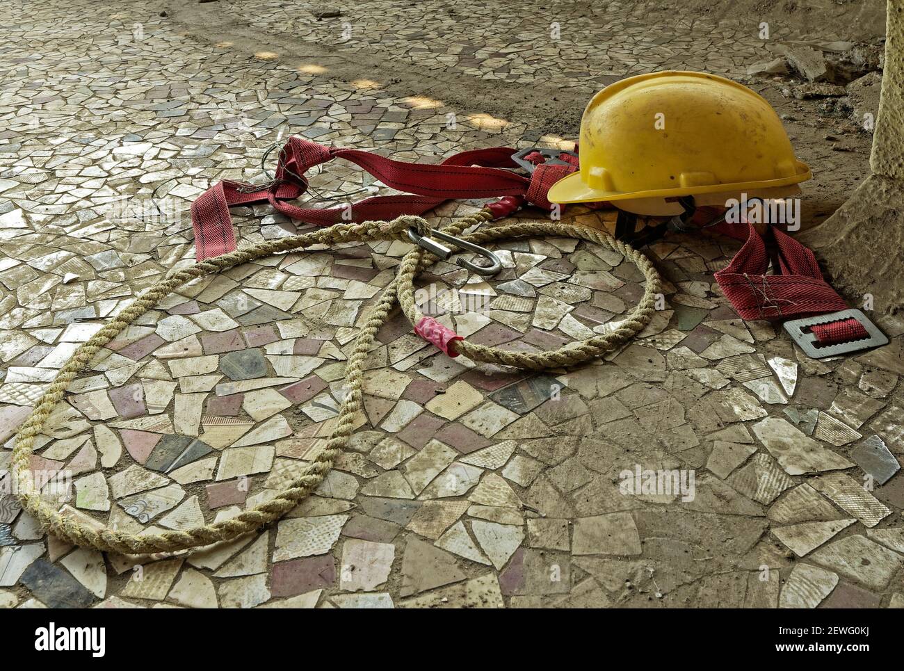 18 Feb 2021 Bright Yellow Industrial Helmet kept on Safety harness rope ...