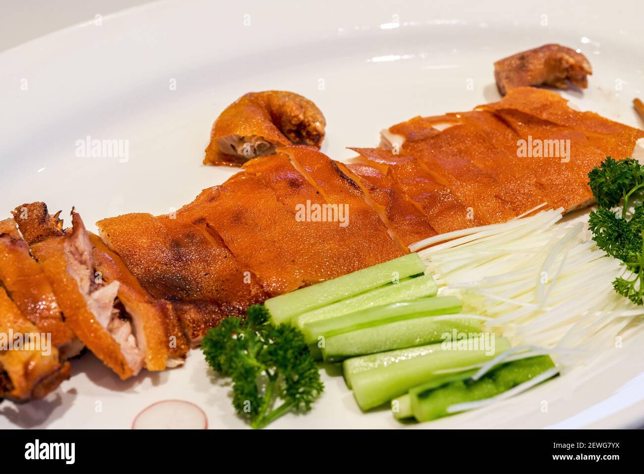 A classic and delicious Chinese Cantonese dish, crispy roast suckling ...