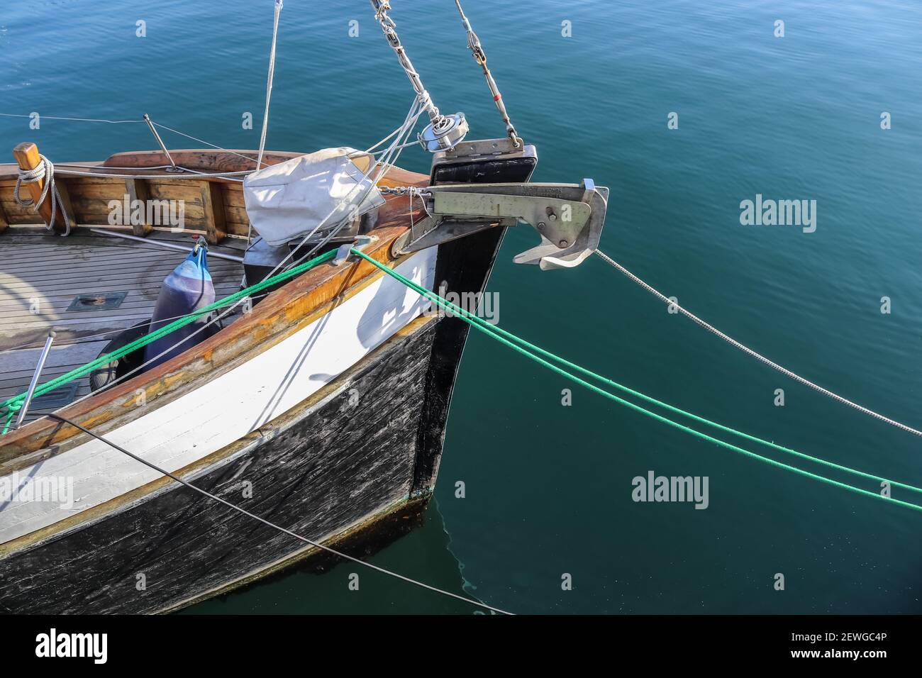 A closeup detail of ropes and cordage in the rigging of an old wooden ...
