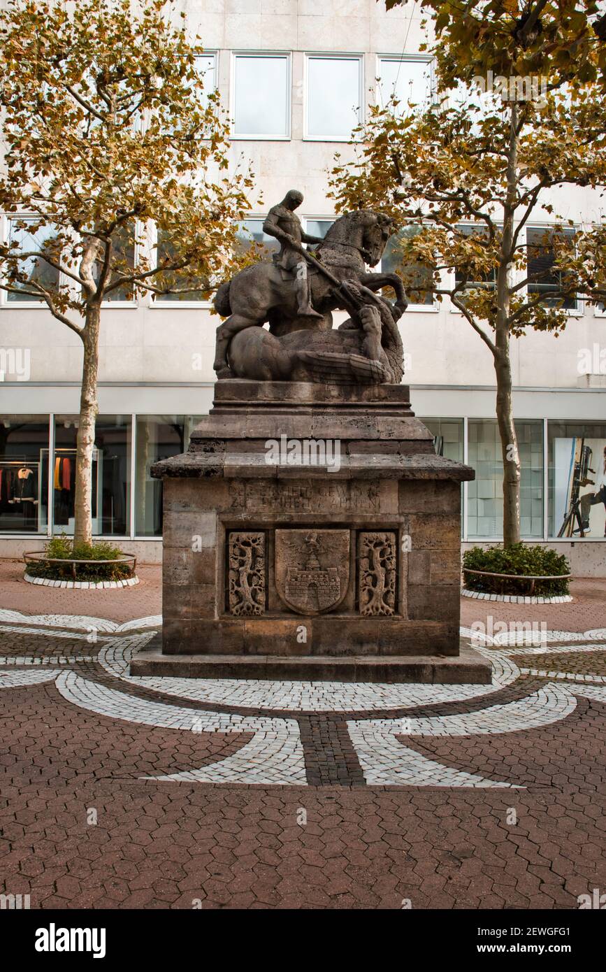 Statue of Saint George slaying the dragon in Pirmasens, Germany Stock ...