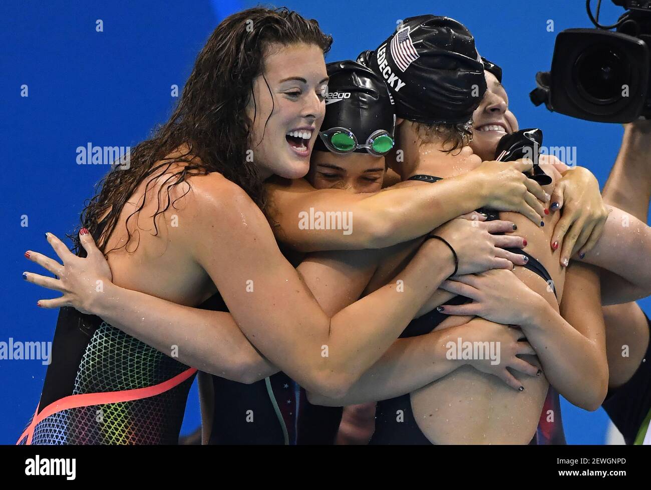 U.S. 4x200 Freestyle relay team members, from left, Allison Schmitt, Maya DiRado, Katie Ledecky ...