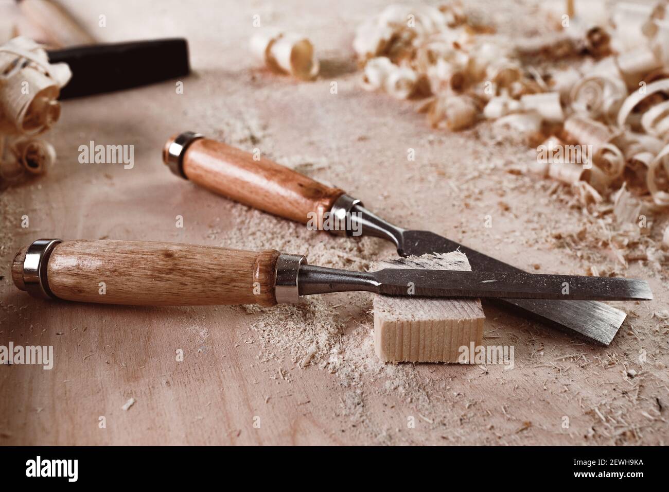 Carpenter's chisel, woodwork tool on the desktop in the workshop Stock ...
