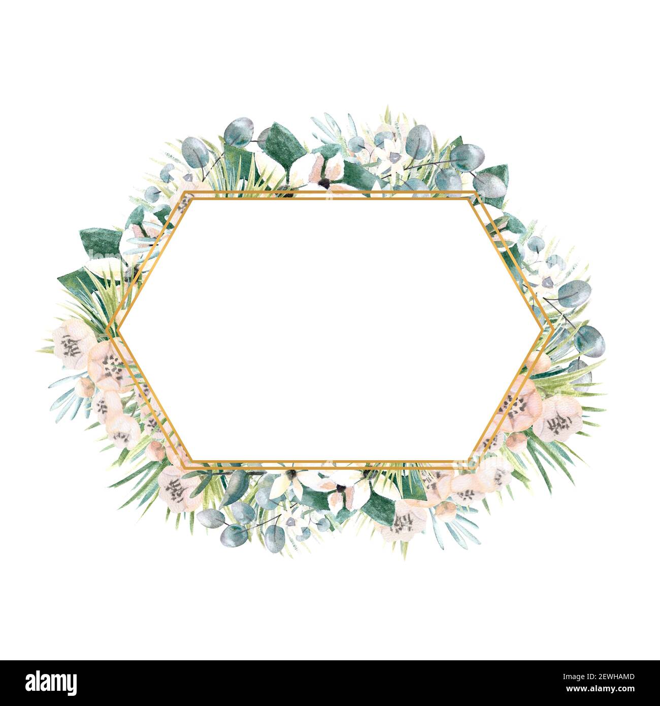 Hexagonal gold frame with small flowers of actinidia, bouvardia ...