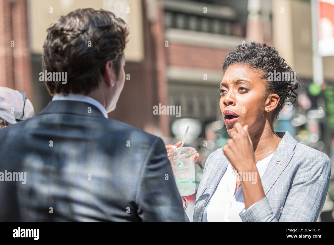Toby Leonard Moore, Condola Rashad, on the set of Billions in Financial District, New York City ...