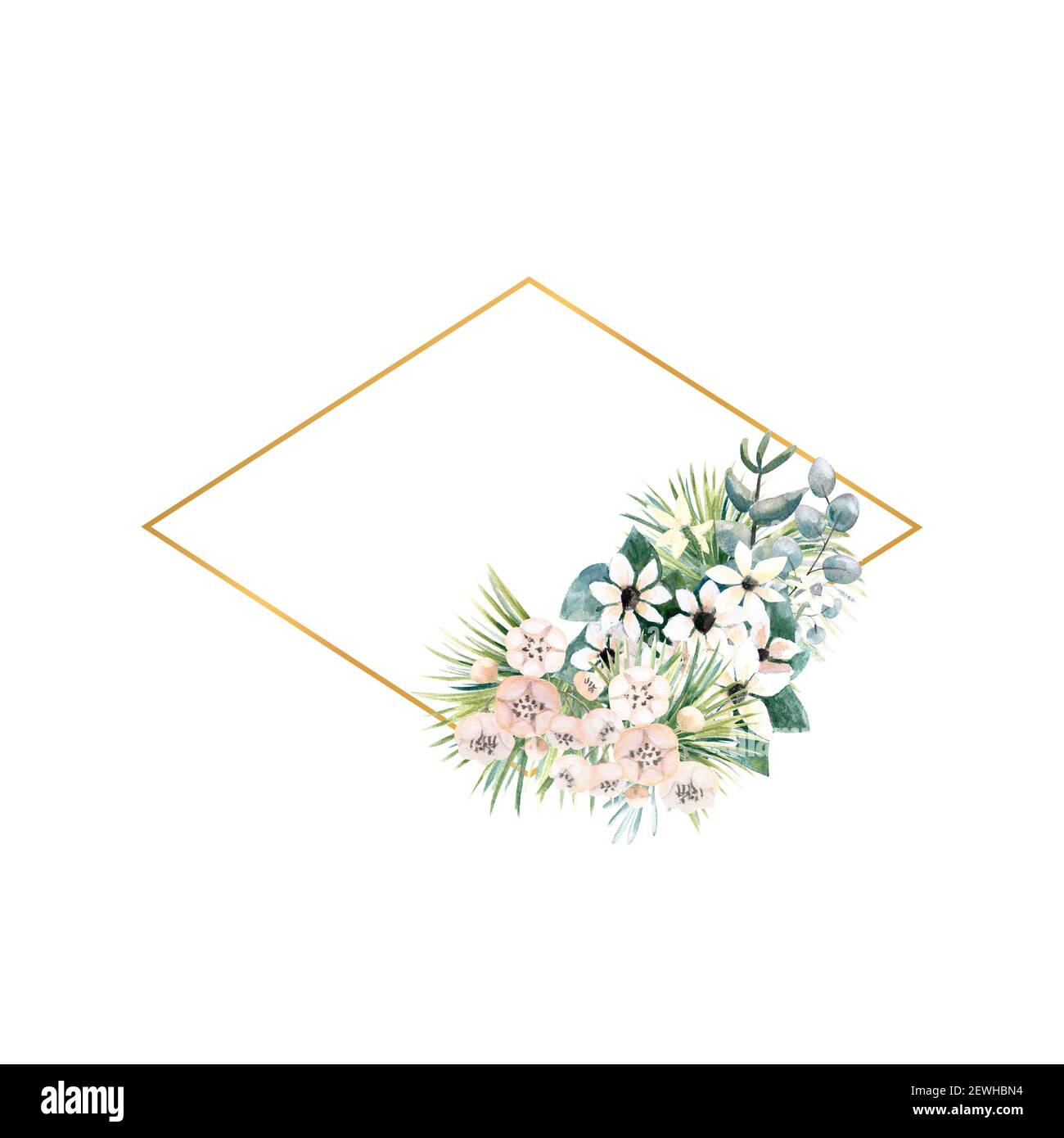 Diamond-shaped gold frame with small flowers of actinidia, bouvardia ...