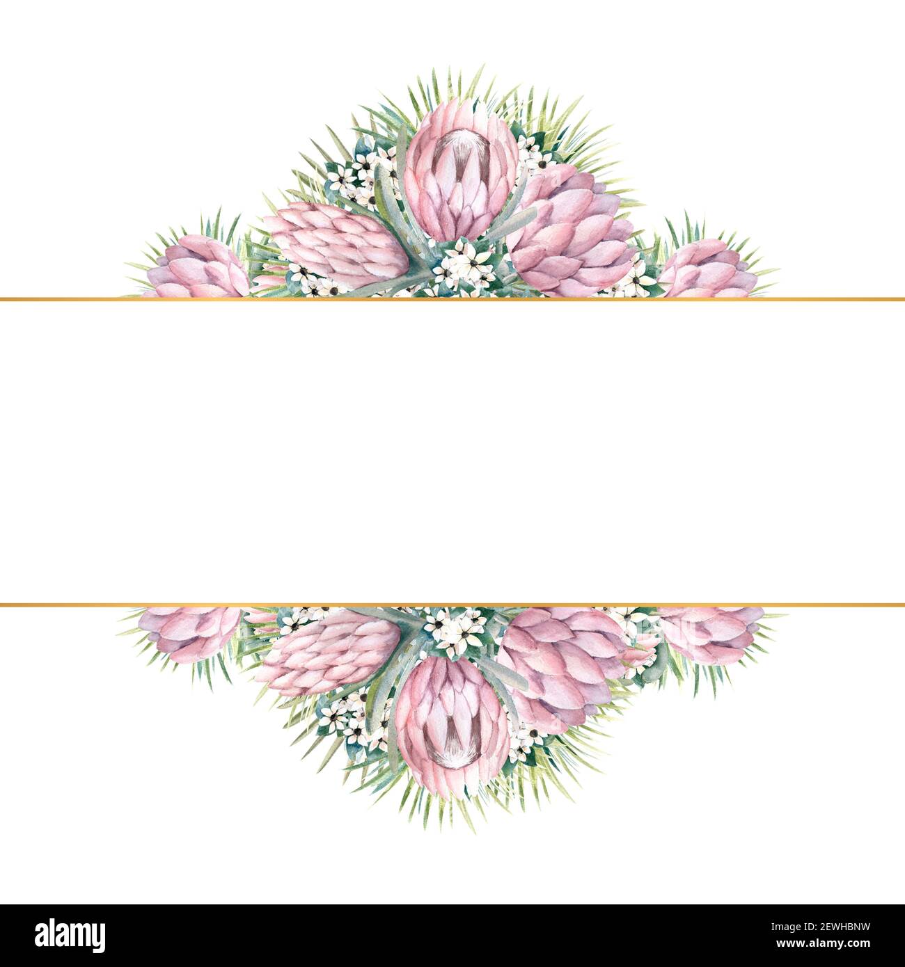 Rectangular gold frame with protea flowers, tropical leaves, palm ...