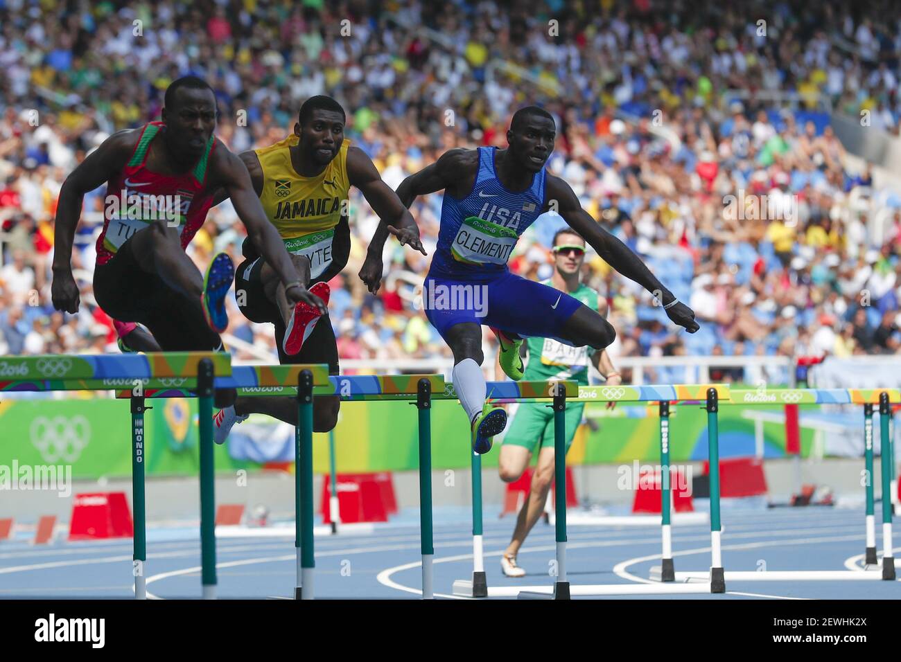 Kerron Clement of the United States (R) competes during the men's 400m ...