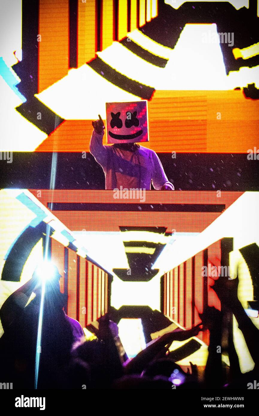 Marshmello, on stage at Billboard Hot 100 in Wantagh, New York City, NY ...