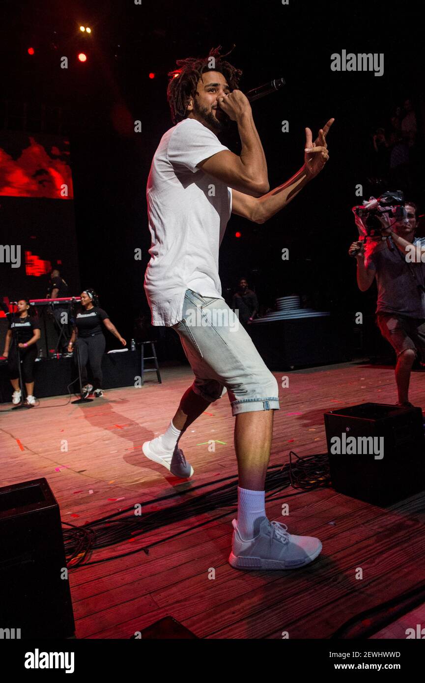 J. Cole, on stage at Billboard Hot 100 in Wantagh, New York City, NY ...