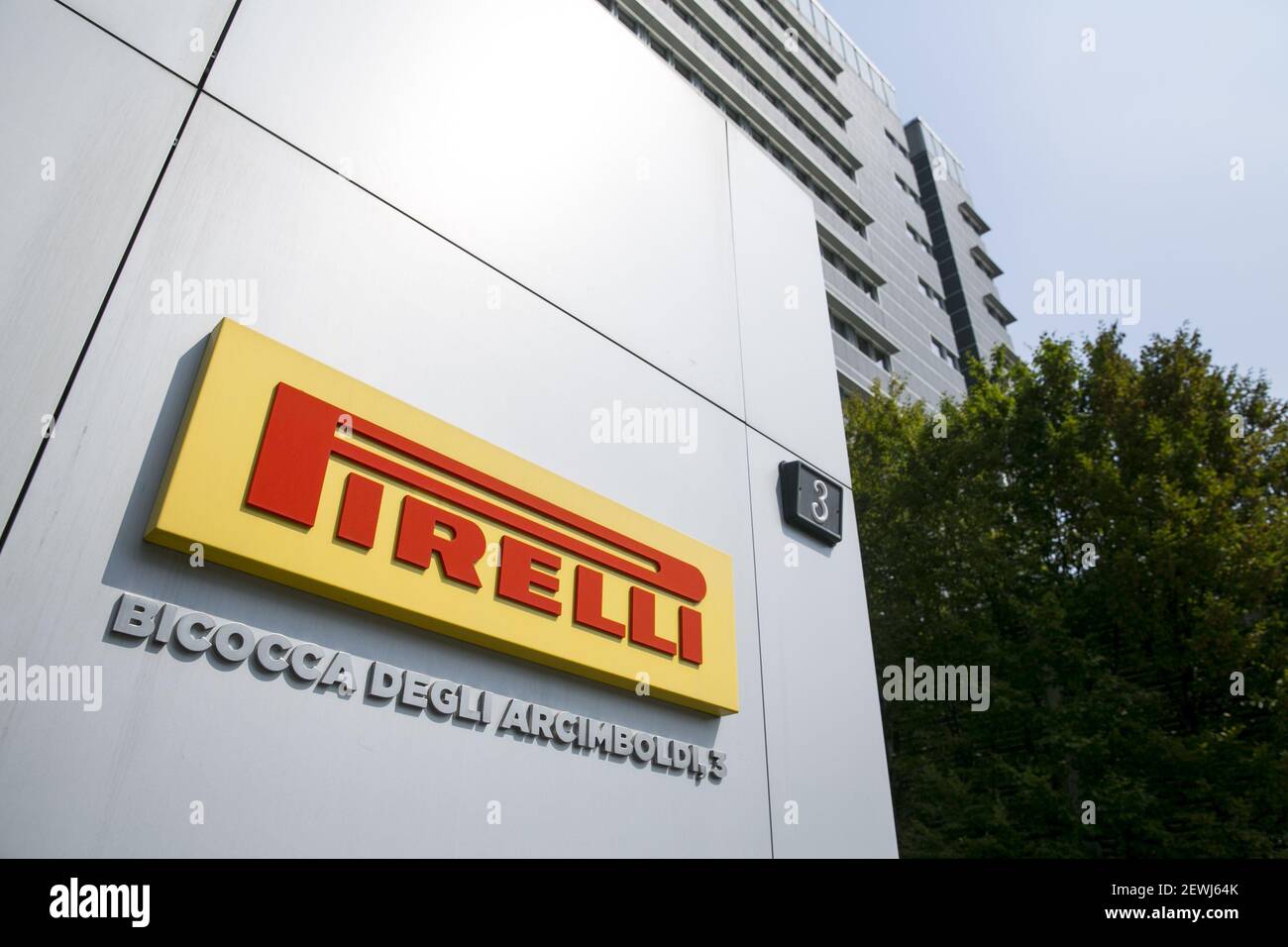 A logo sign outside of the headquarters of Pirelli & C. SpA in Milan ...