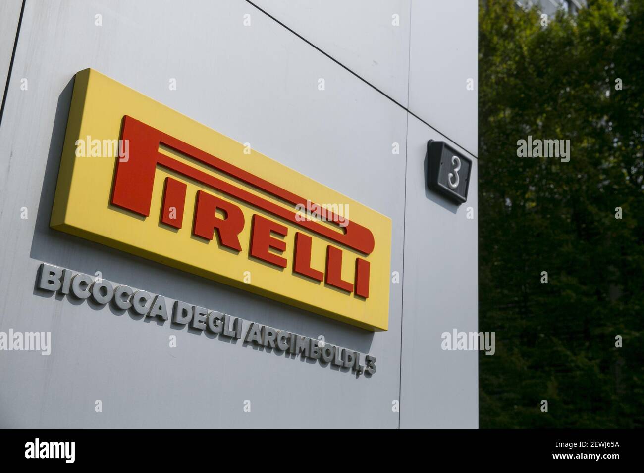 A logo sign outside of the headquarters of Pirelli & C. SpA in Milan ...
