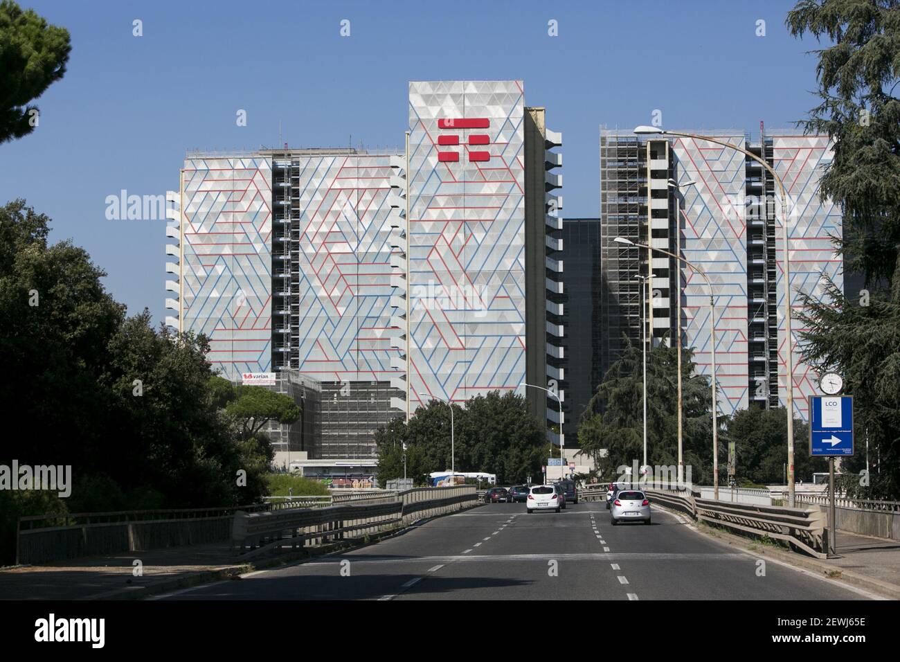 A logo sign outside of the future headquarters of Telecom Italia (TIM ...