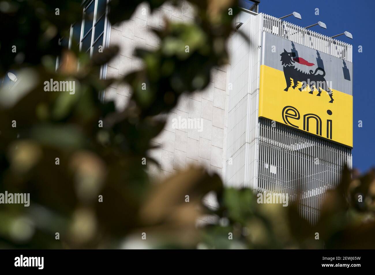 A logo sign outside of the headquarters of Eni S.p.A. in Rome, Italy on ...