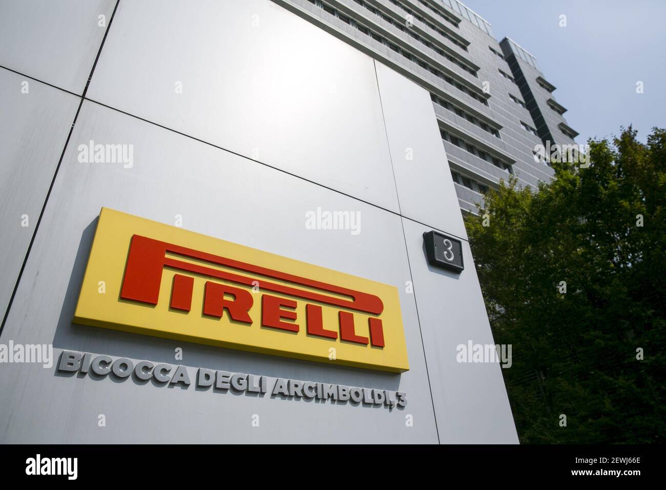 A logo sign outside of the headquarters of Pirelli & C. SpA in Milan ...