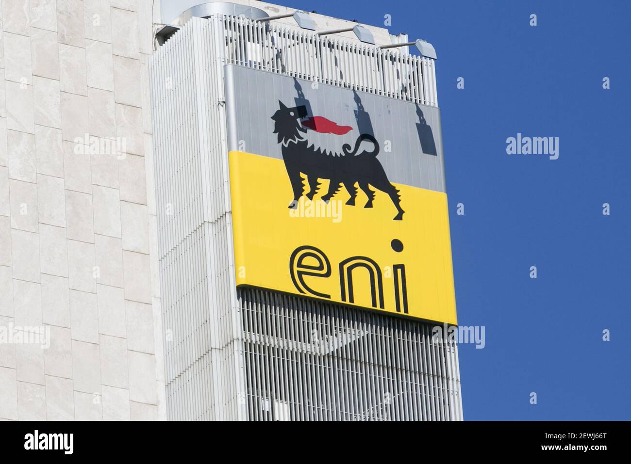A logo sign outside of the headquarters of Eni S.p.A. in Rome, Italy on ...