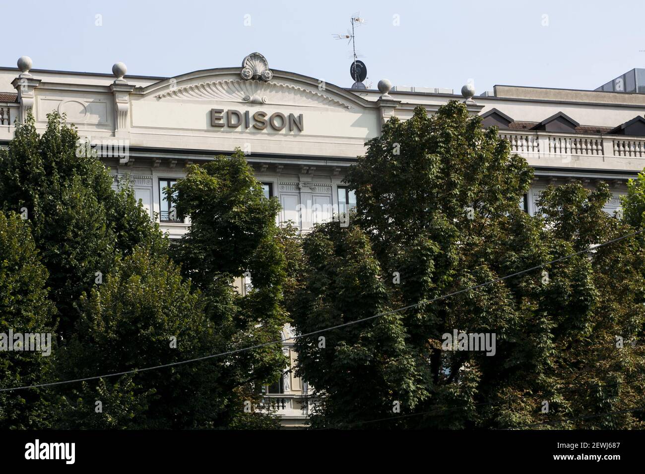 A logo sign outside of the headquarters of Edison S.p.A. in Milan ...