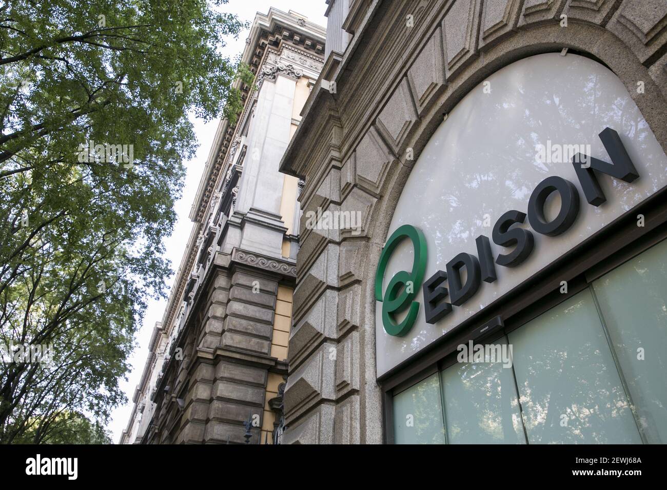 A logo sign outside of the headquarters of Edison S.p.A. in Milan ...