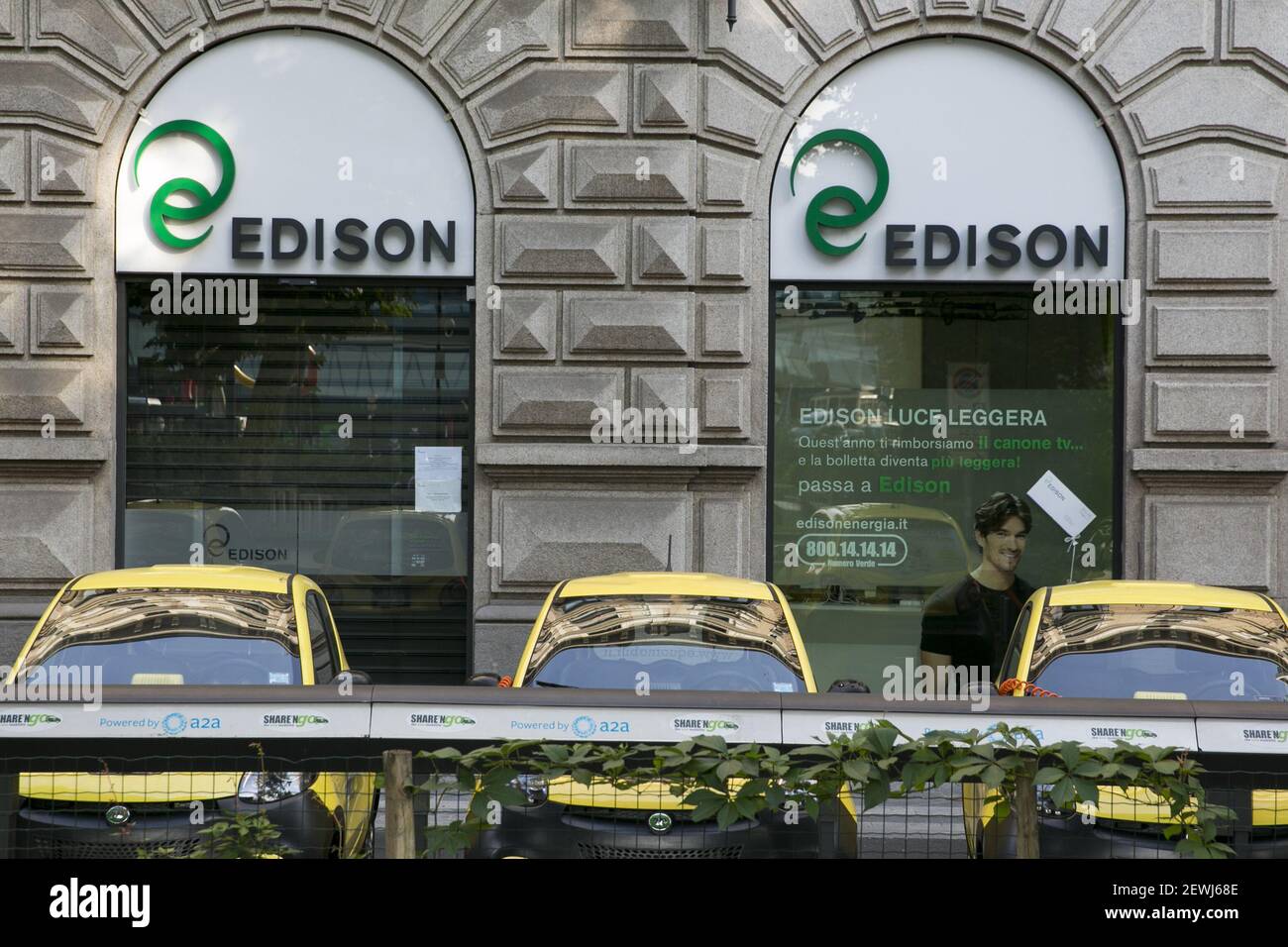 A logo sign outside of the headquarters of Edison S.p.A. in Milan ...