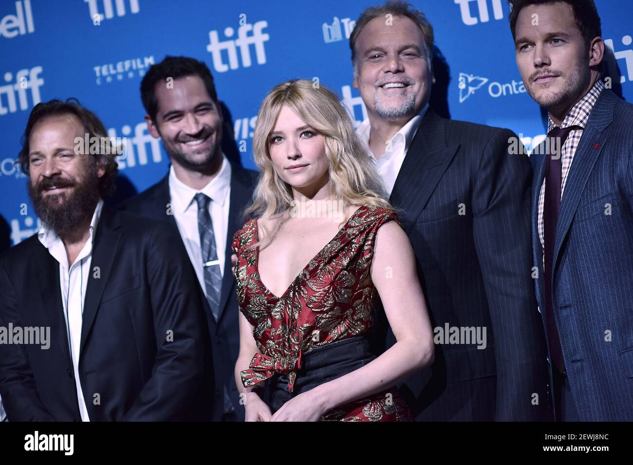 (L-R) Peter Sarsgaard, Manuel Garcia-Rulfo, Haley Bennett, Vincent D'Onofrio and Chris Pratt ...