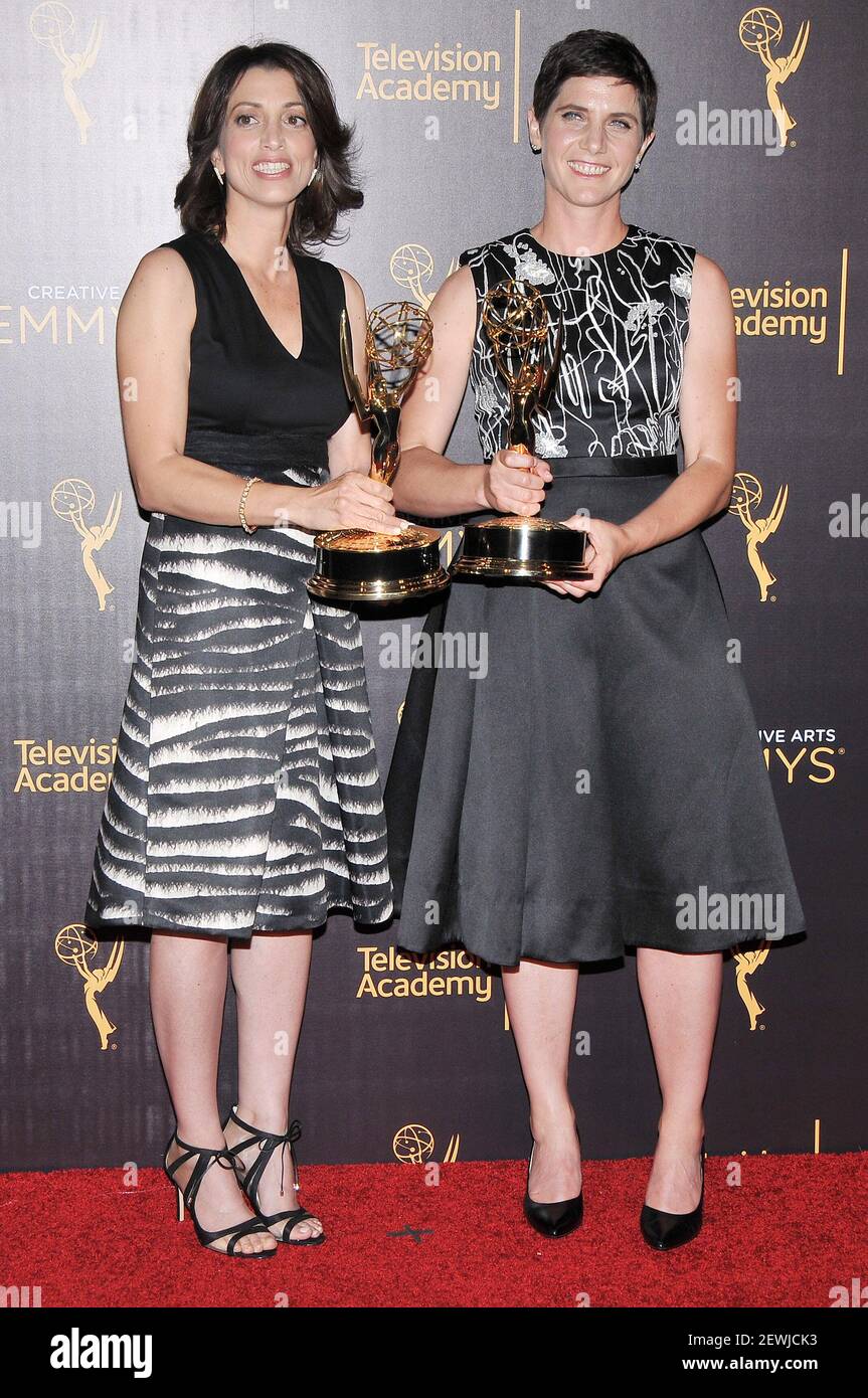 (L-R) Laura Ricciardi and Moira Demos pose in the press room with the ...