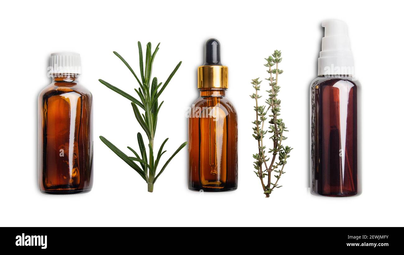 Dropper bottles with oil and herbs isolated on white background flat ...