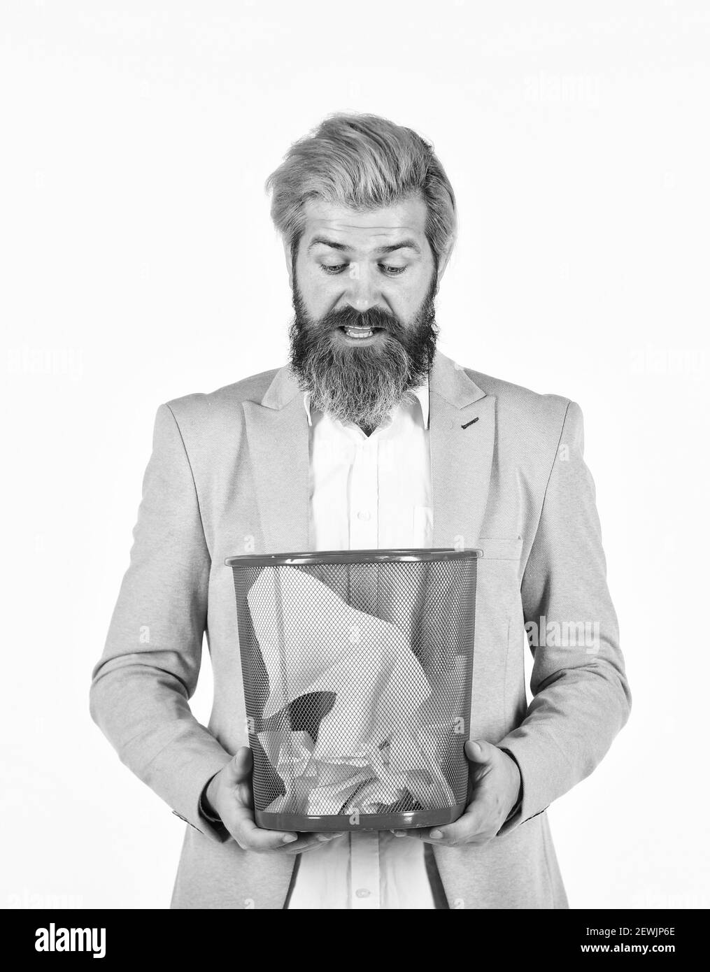 Office worker digging in garbage bin. Recover document. Destroy ...