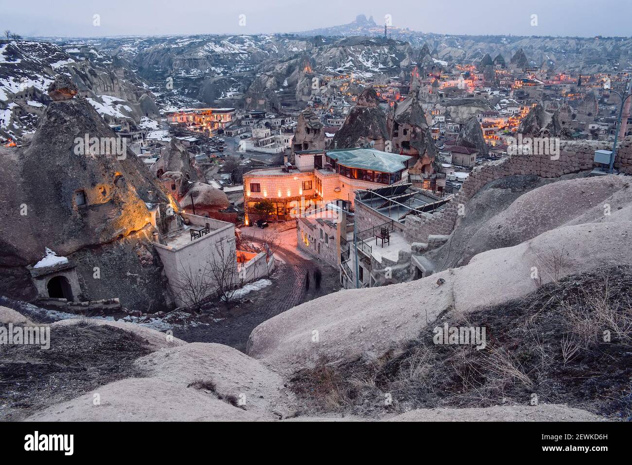 Goreme, Turkey night view from the top. Beautiful cityscape Stock Photo ...